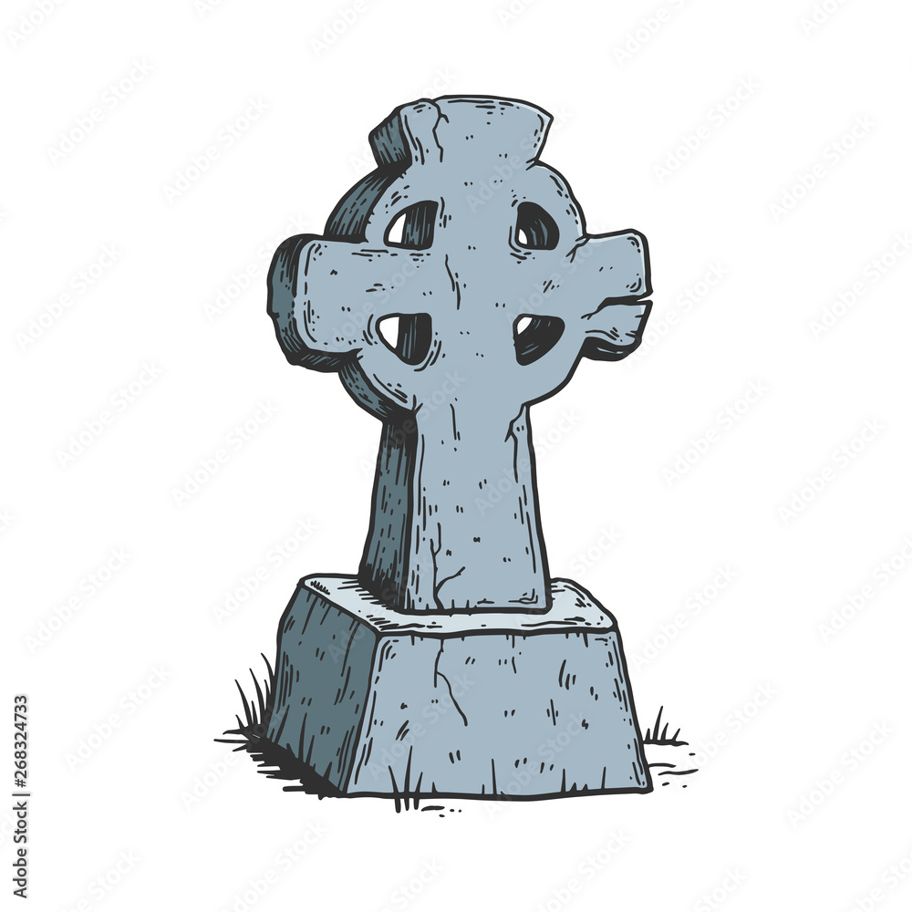 Ancient cross tombstone color sketch line art engraving vector ...