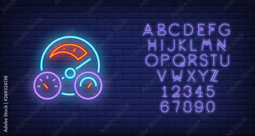 Car dashboard neon icon. Control panel on brick wall background. Auto ...