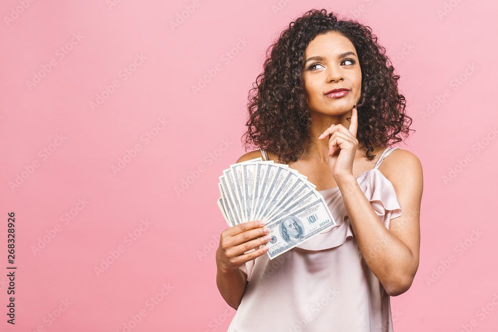 Rich girl! Money winner! Thinking beautiful african american woman in ...