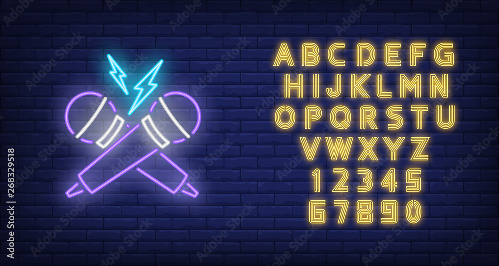 Rap battle neon icon. Crossed microphones and lightning on brick wall ...