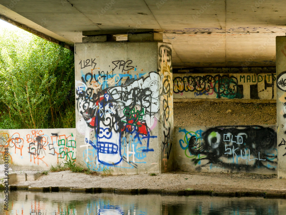 Graffitis sur un mur en pleine nature Stock Photo | Adobe Stock