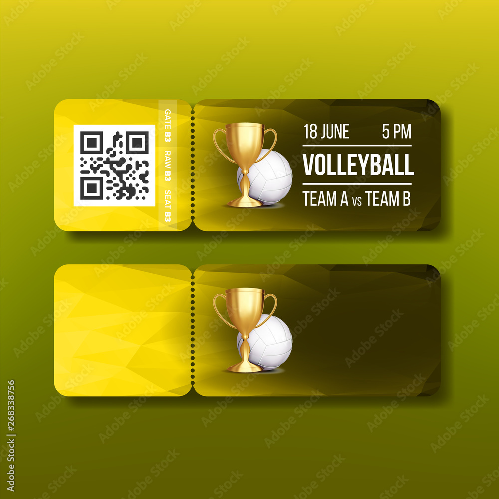 Ticket With Tear-off Coupon On Volleyball Vector. Ball And Golden Cup ...