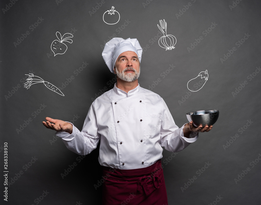 Image of chef planing what to cook on gray background.Chef thinking ...