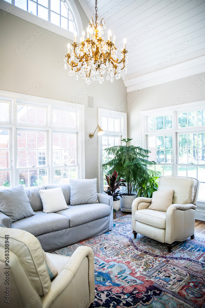 Open Concept Living Room Den with Vaulted Ceilings and Lots of Windows ...