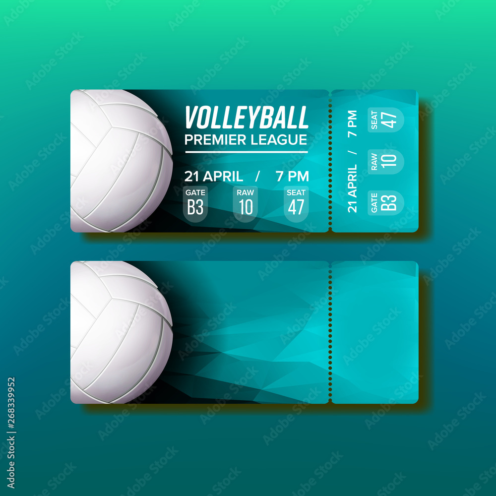 Ticket Tear-off Coupon On Volleyball Match Vector. Turquoise Ticket ...