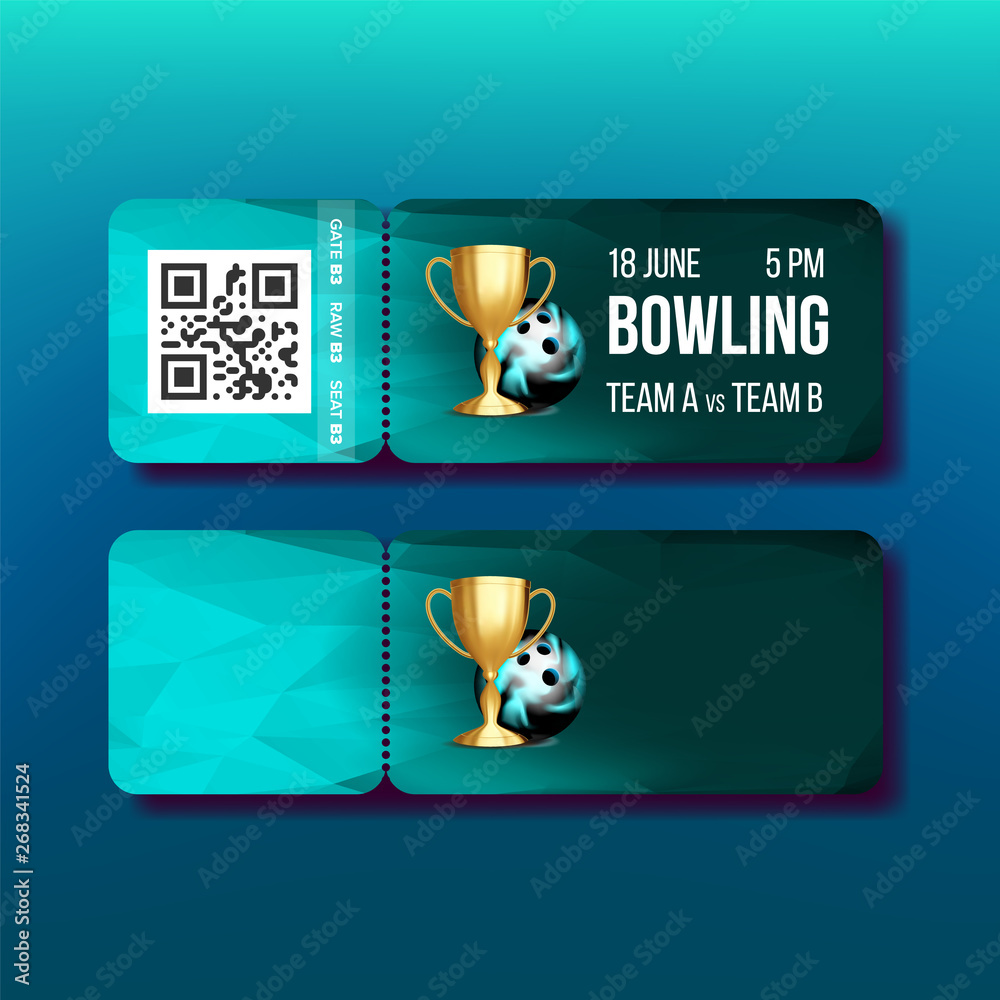 Ticket With Tear-off Coupon On Bowling Vector. Template Of Voucher With ...