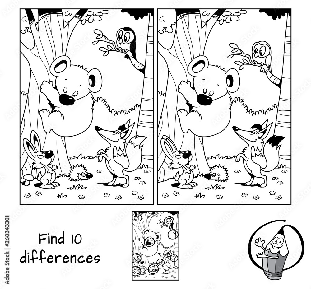 Animals in the forest. Teddy bear, fox, hare, hedgehog and owl. Find 10 ...