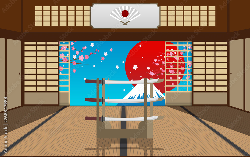 Interior decoration of dojo with landscape of fuji mountain background ...