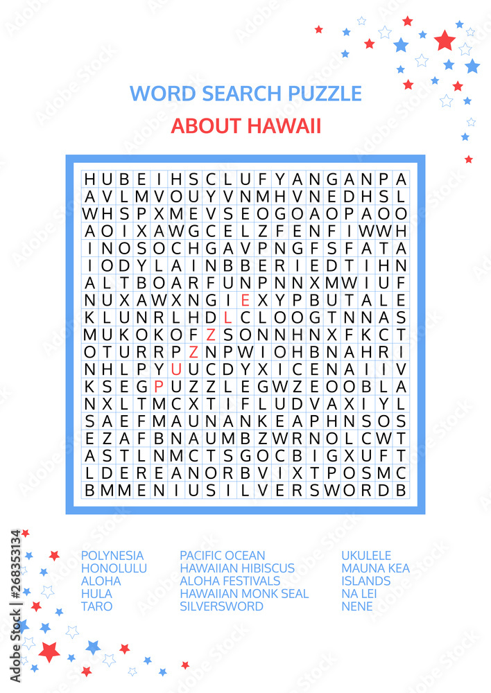 Word search puzzle. Vector game about HAWAII. Worksheet for adults ...