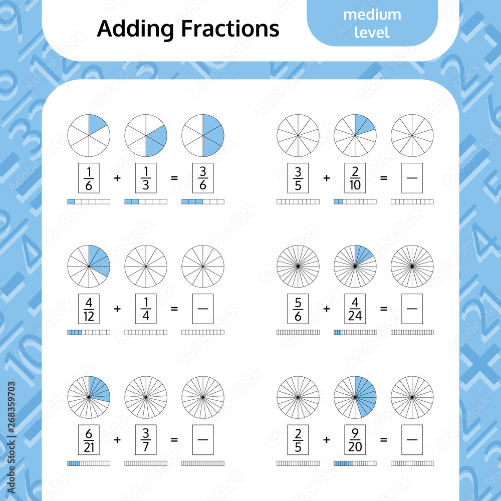 Adding Fractions Mathematical Worksheet. Coloring Book Page. Math ...