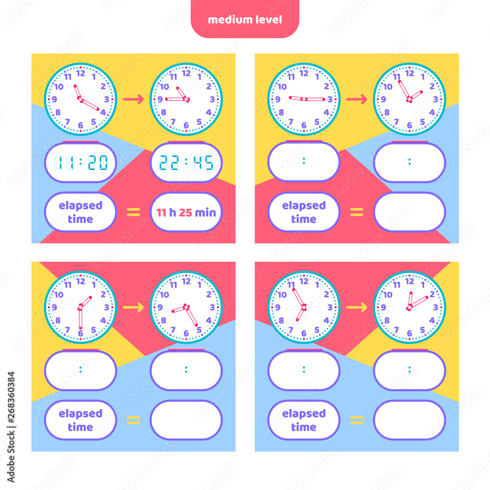 Vecteur Stock Elapsed time and Telling time worksheet for kids ...