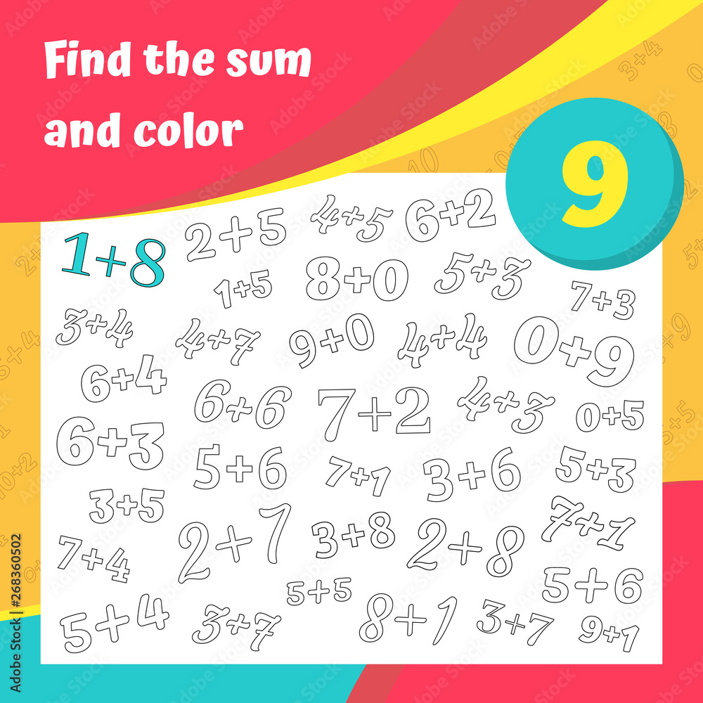 Find the sum and color addition worksheet set. Coloring book page. Math ...