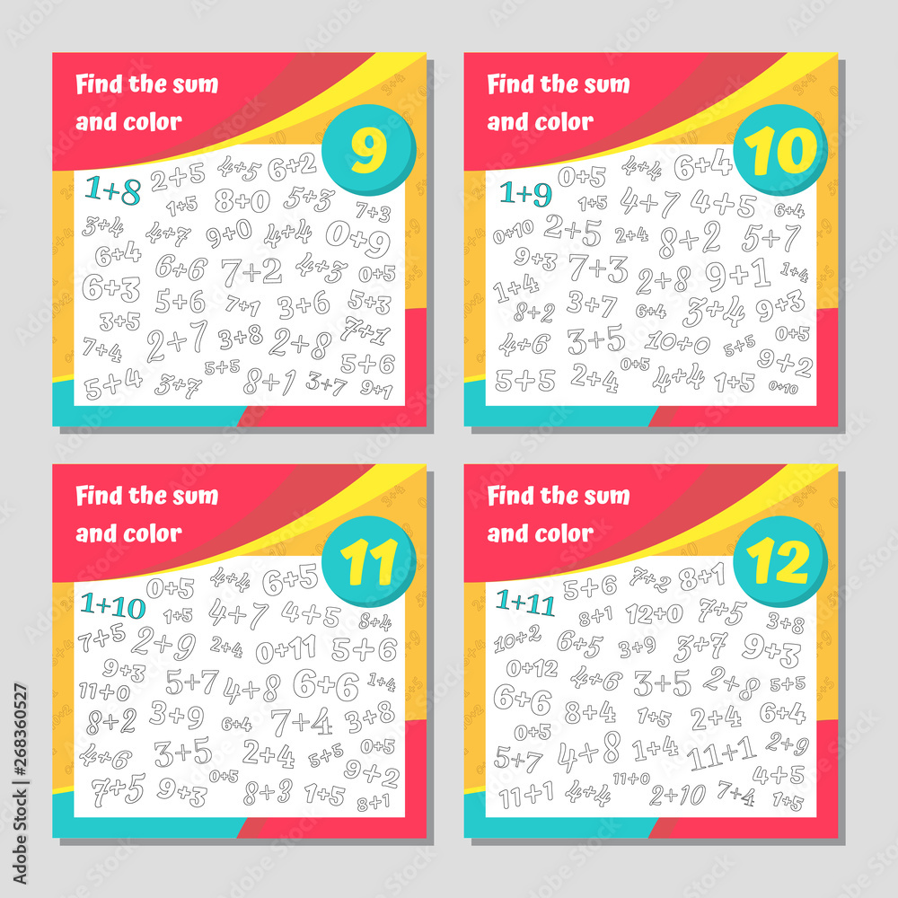 Find the sum and color addition worksheet set. Coloring book page. Math ...