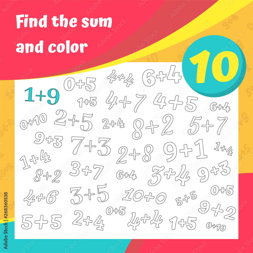 Find the sum and color addition worksheet set. Coloring book page. Math ...