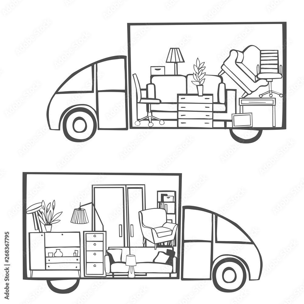 Moving trucks. Relocation. Vector sketch illustration. Stock Vector ...