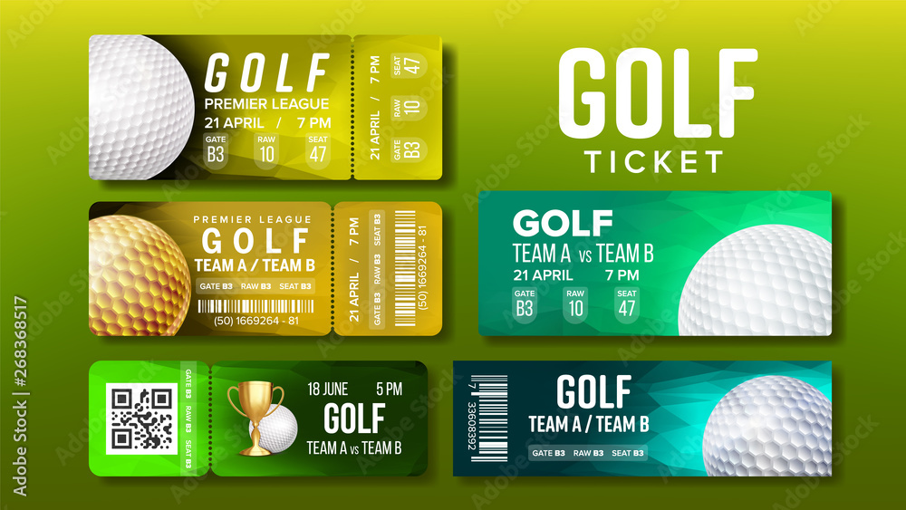 Stylish Design Tickets Visit Golf Game Set Vector. Collection Of ...