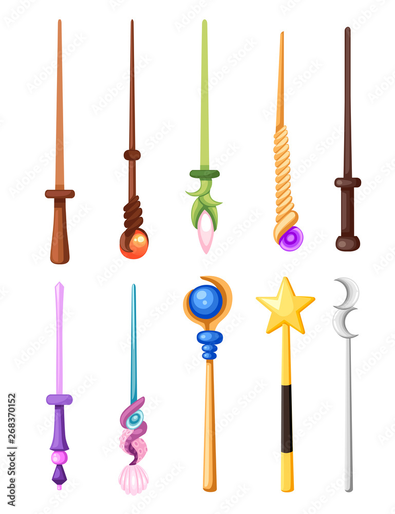 Magic wand set. Fantasy staff collection. Magical equipment for games ...