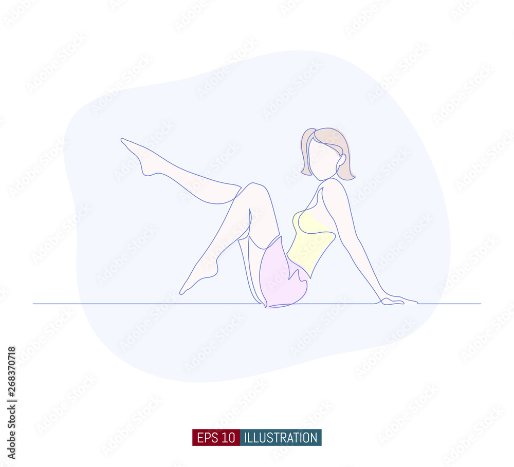 Continuous line drawing of girl sitting on the floor. Template for your ...