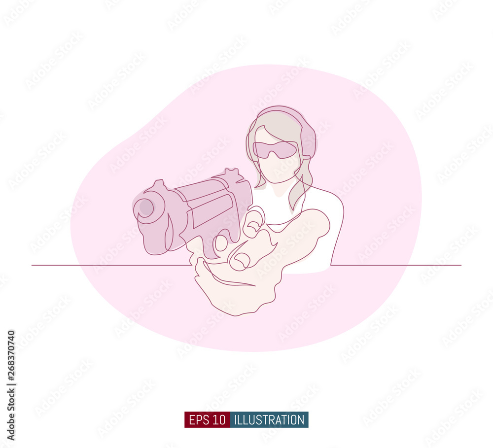 Continuous line drawing of girl with a gun in shooting range. Template ...