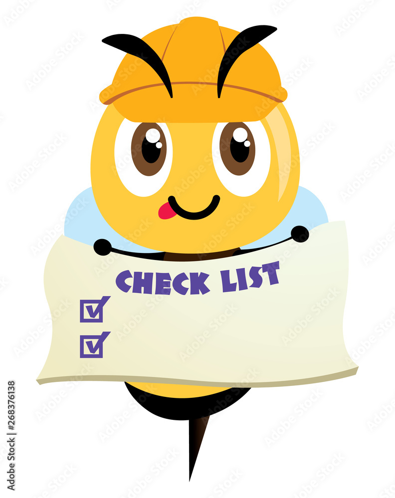 Cartoon cute bee wearing yellow safety cap and holding a checklist ...