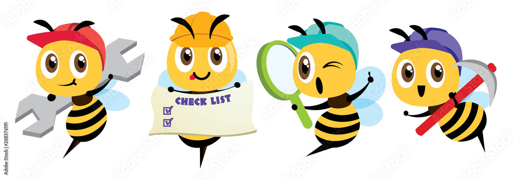 Cartoon cute bee mascot set. Cartoon cute bee holding a spanner ...