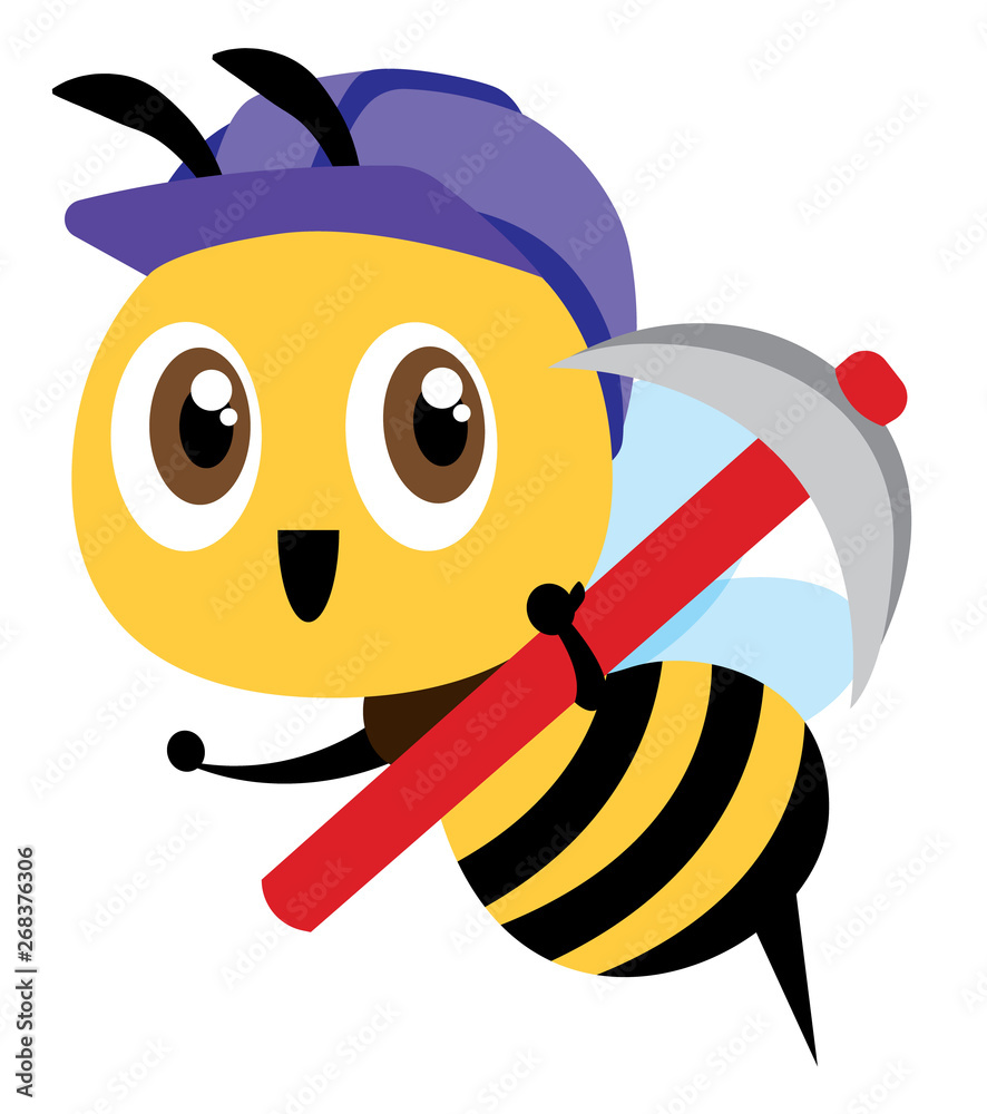 Cartoon cute bee wearing purple safety cap and holding a hoe tool. Cute ...