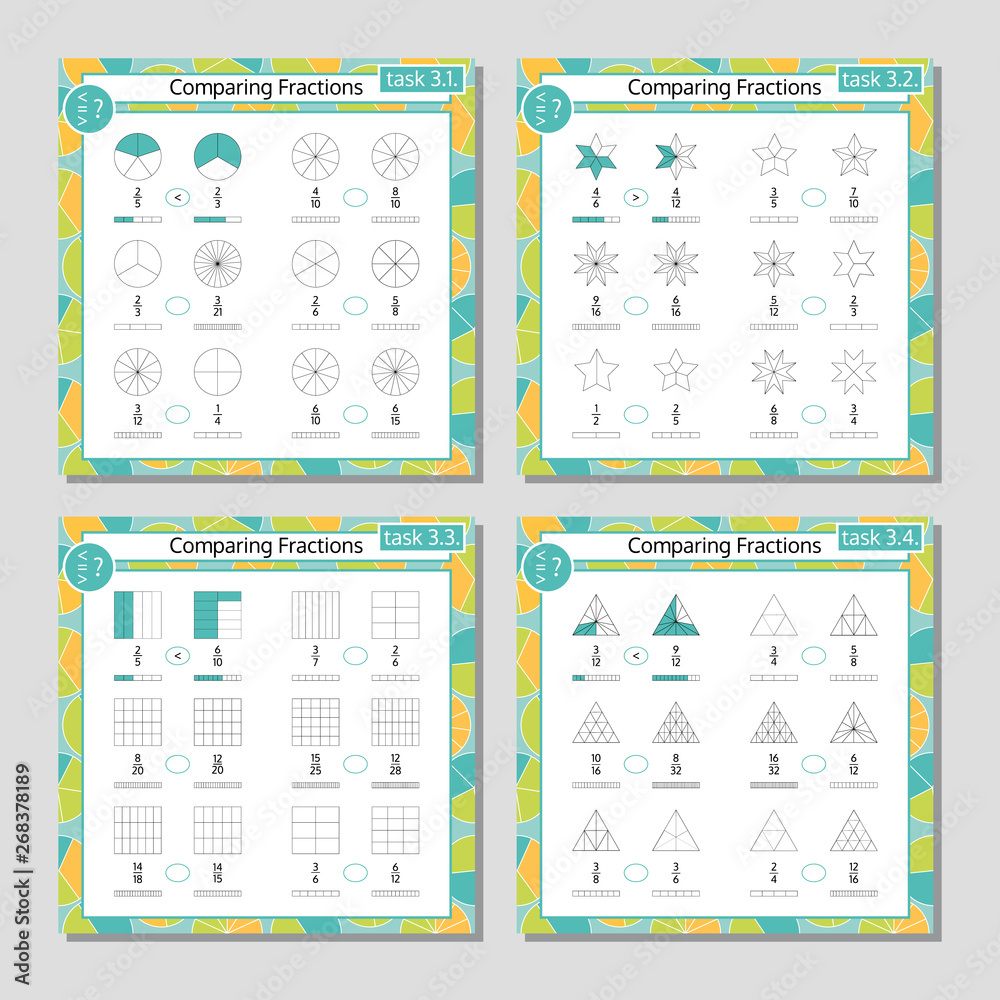 Comparing Fractions Mathematical Worksheet Set. Coloring Book Page ...