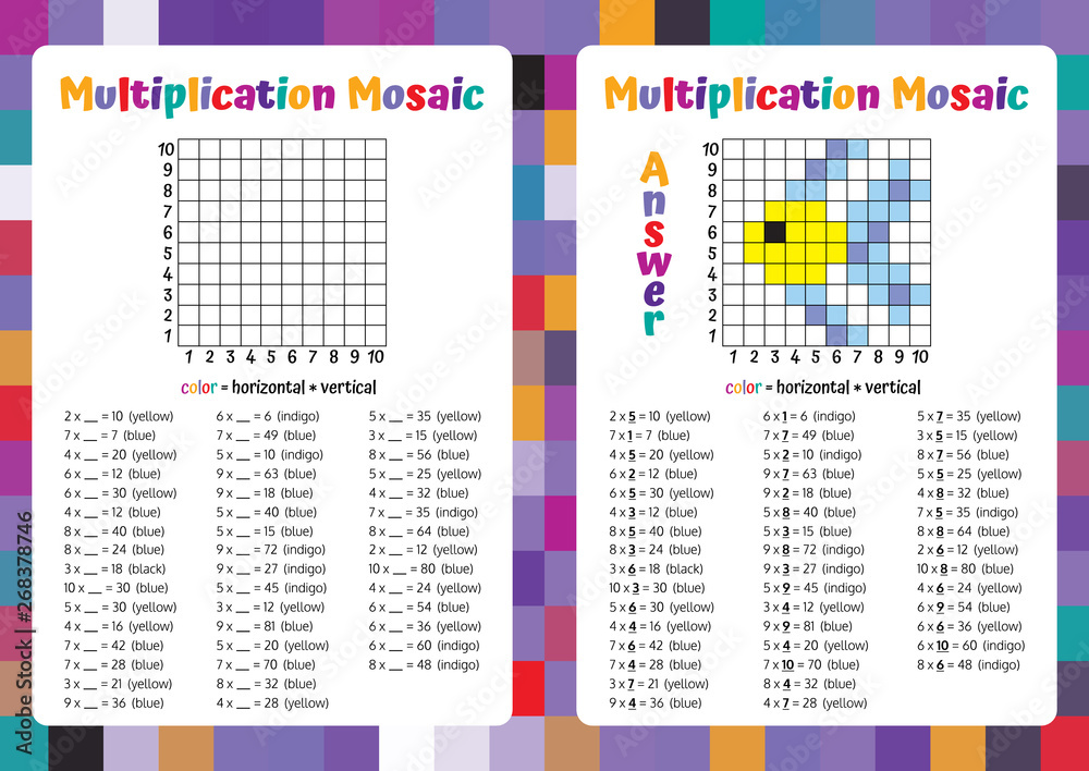 Multiplication Mosaic Math Puzzle Worksheet. Educational Game. Coloring ...