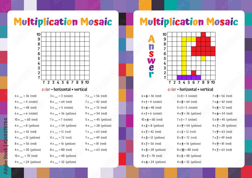 Multiplication Mosaic Math Puzzle Worksheet. Educational Game. Coloring ...