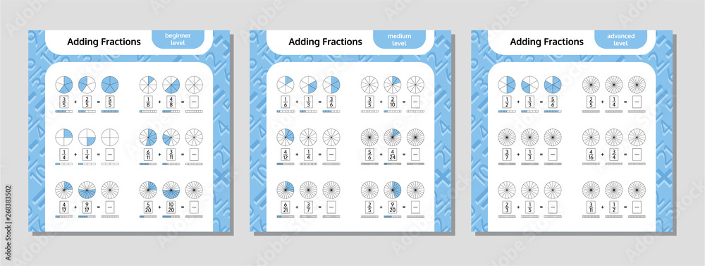 Adding Fractions Mathematical Worksheet Set. Coloring Book Page. Math ...