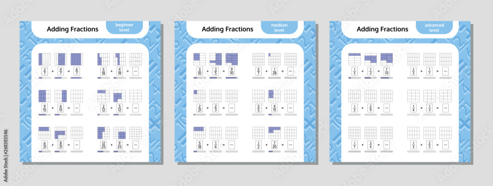 Adding Fractions Mathematical Worksheet Set. Squares. Coloring Book ...