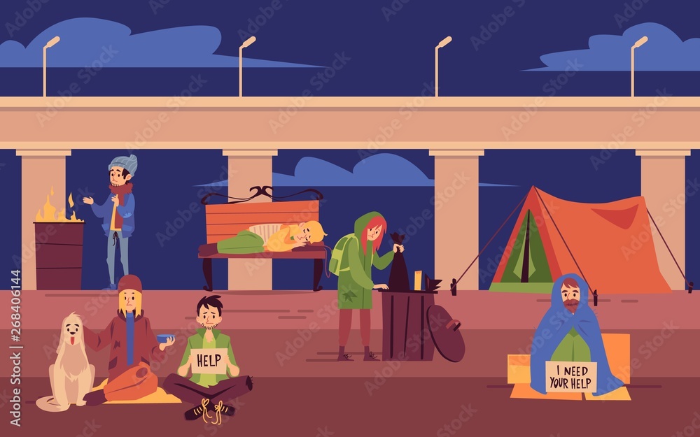 Young homeless people spending night outdoors under bridge cartoon ...