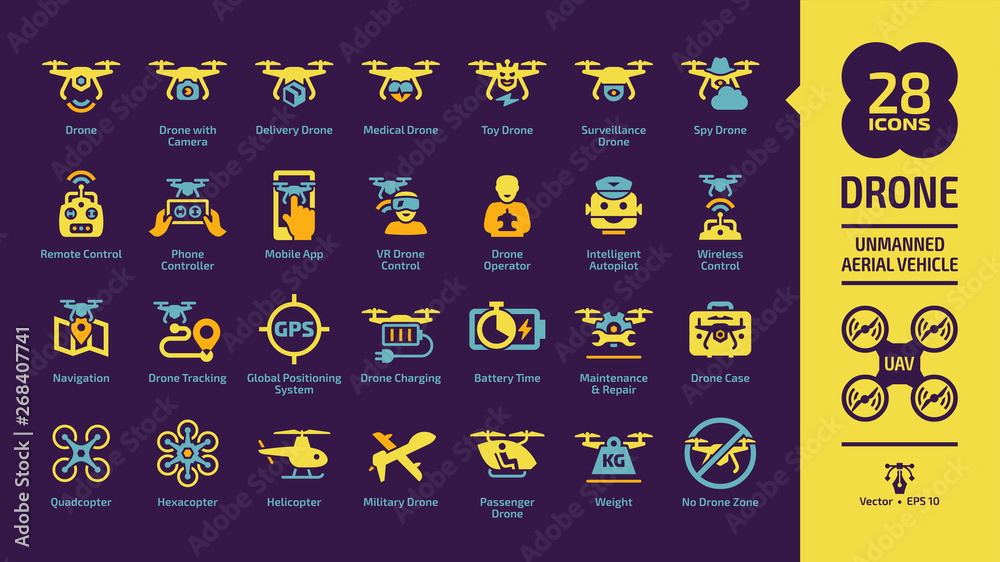 Drone unmanned aerial vehicle icon set on a violet background with UAV ...