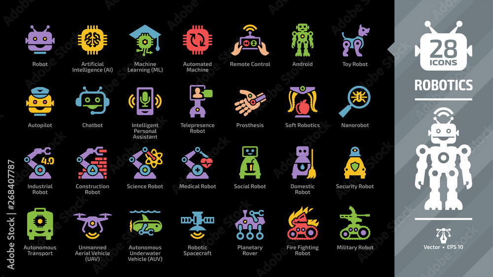 Robotics color icon set on a black background with robot and bot ...