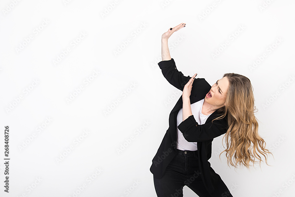 girl defend herself from something from above, isolated on white ...