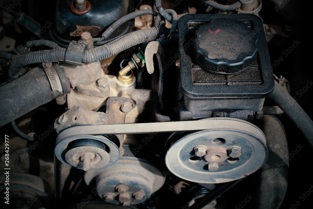 Dirty old classic car engine. Front and top view. Close-up. Background ...