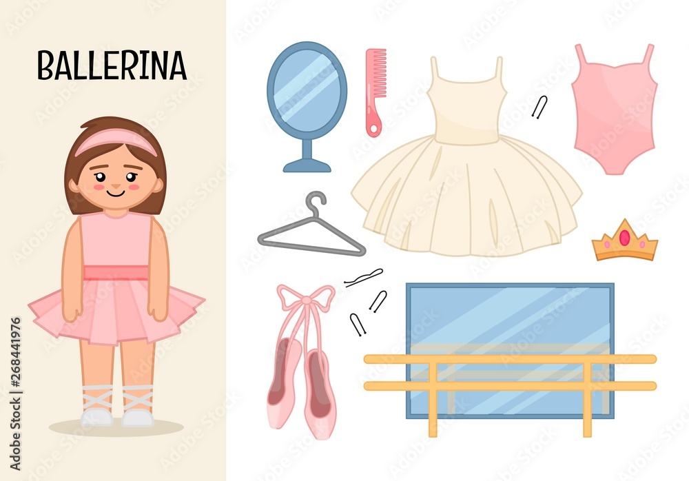 Vector character ballerina. Illustrations of ballet equipment. Set of ...