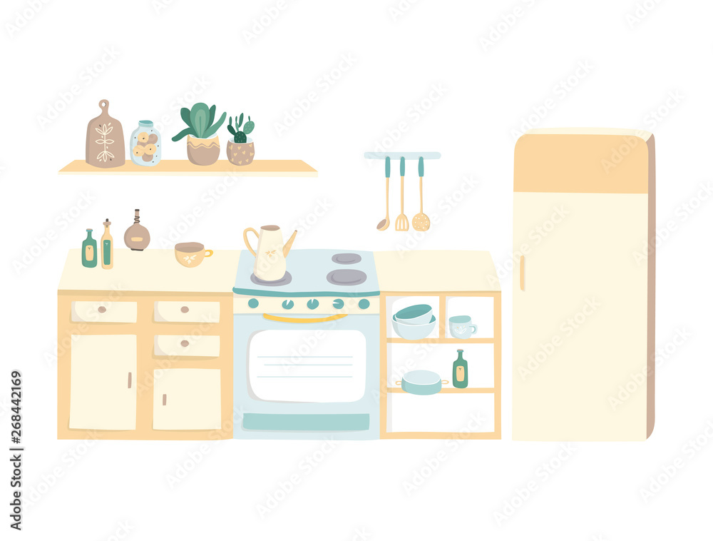 Flat design kitchen set with utensil and household appliances. Vector ...