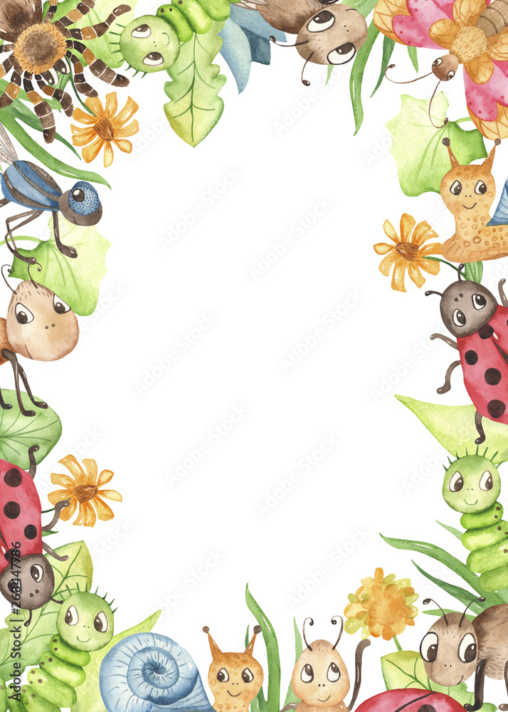 Watercolor rectangular frame with cute cartoon insects. Template with ...