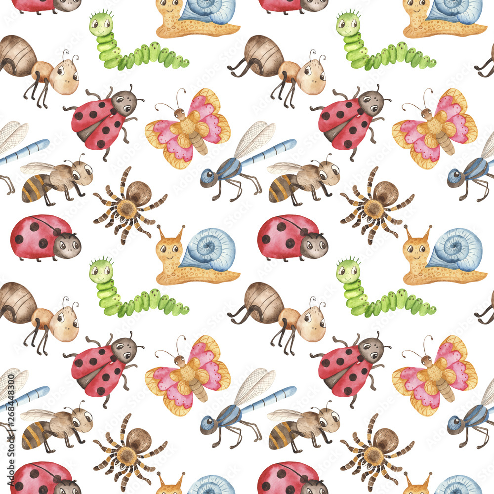 Watercolor seamless pattern with cute cartoon insects. Texture with ...