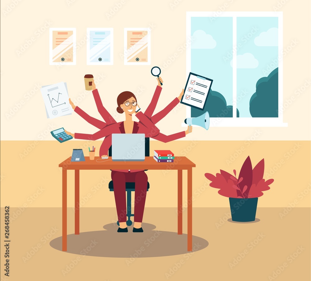 Multitasking business woman or manager with several hands flat vector ...