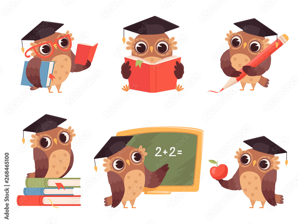 Owl teacher. Cartoon bird characters with back to school items cute ...