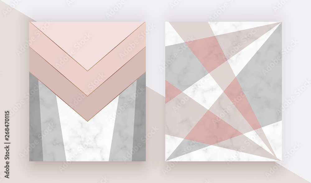 Modern geometric cover design with pink, grey triangles shapes and gold ...