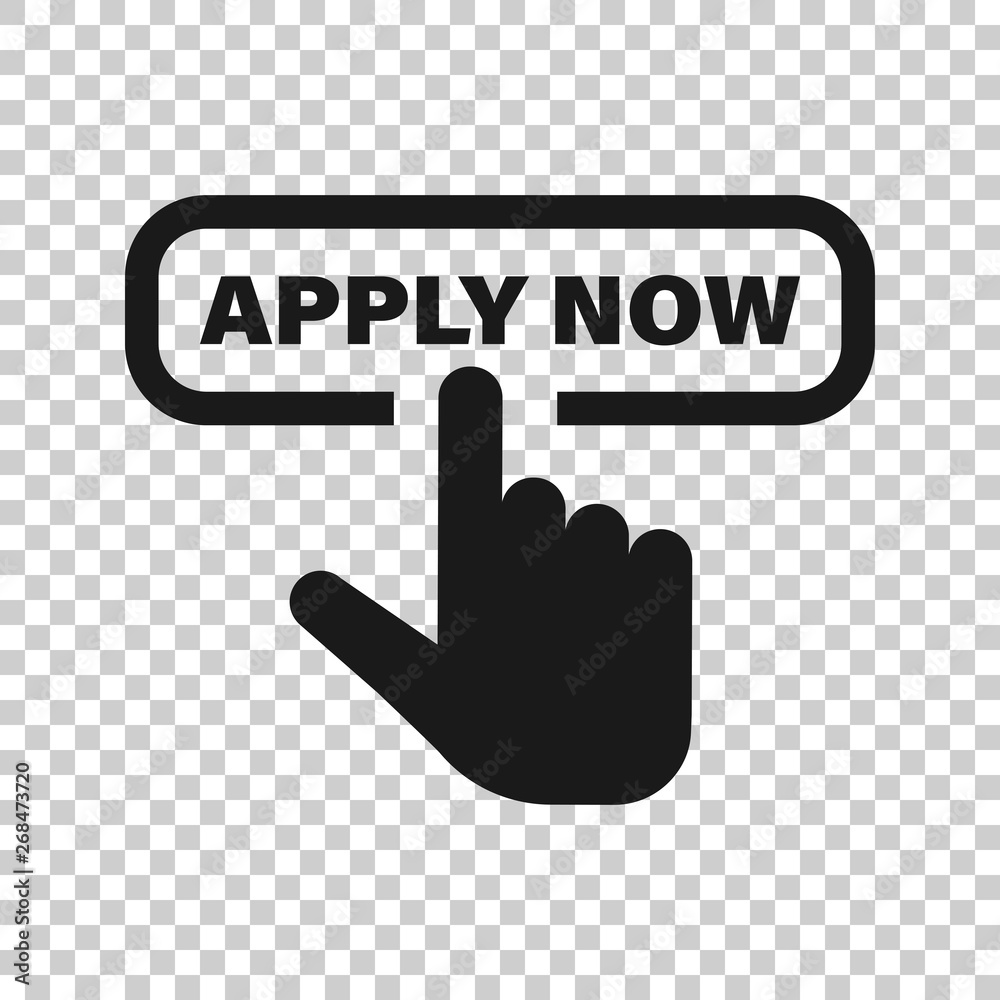 Apply now icon in transparent style. Finger cursor vector illustration ...