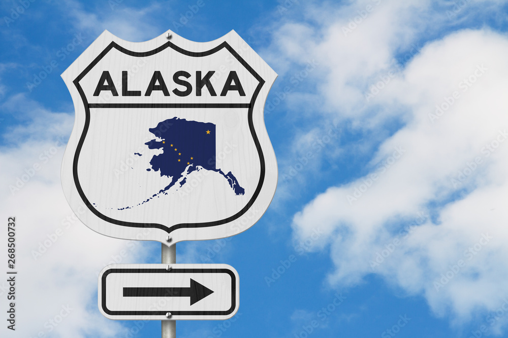 Alaska map and state flag on a USA highway road sign Stock Photo ...