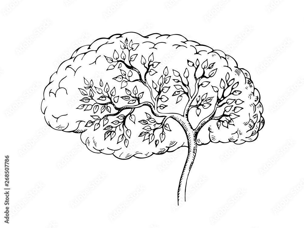 Graphic sketch of human brain with tree inside. Beautiful element for ...