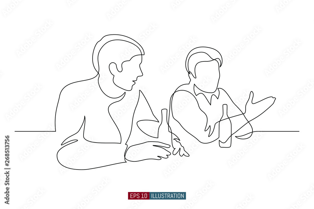 Continuous line drawing of the dialogue of two men at the bar. Template ...