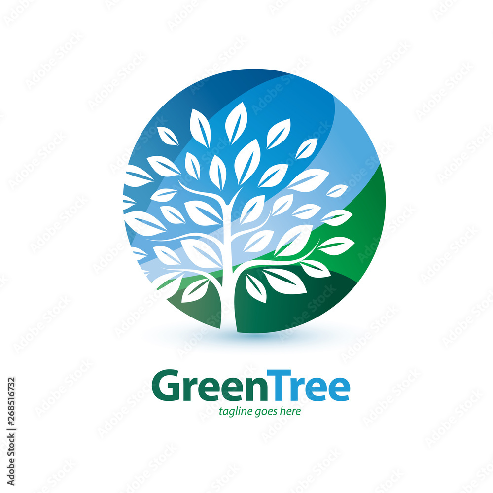 green tree stylized symbol, logo or emblem template, eco end ...