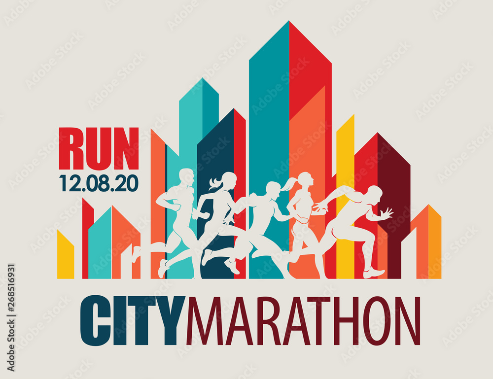 city marathon poster template, running people set of silhouettes, sport ...