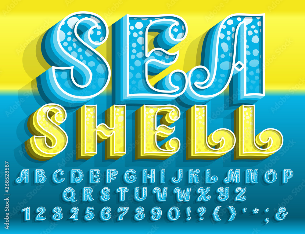 Retro 3D Alphabet, vintage poster Seashell. Vector font for sea, summer ...